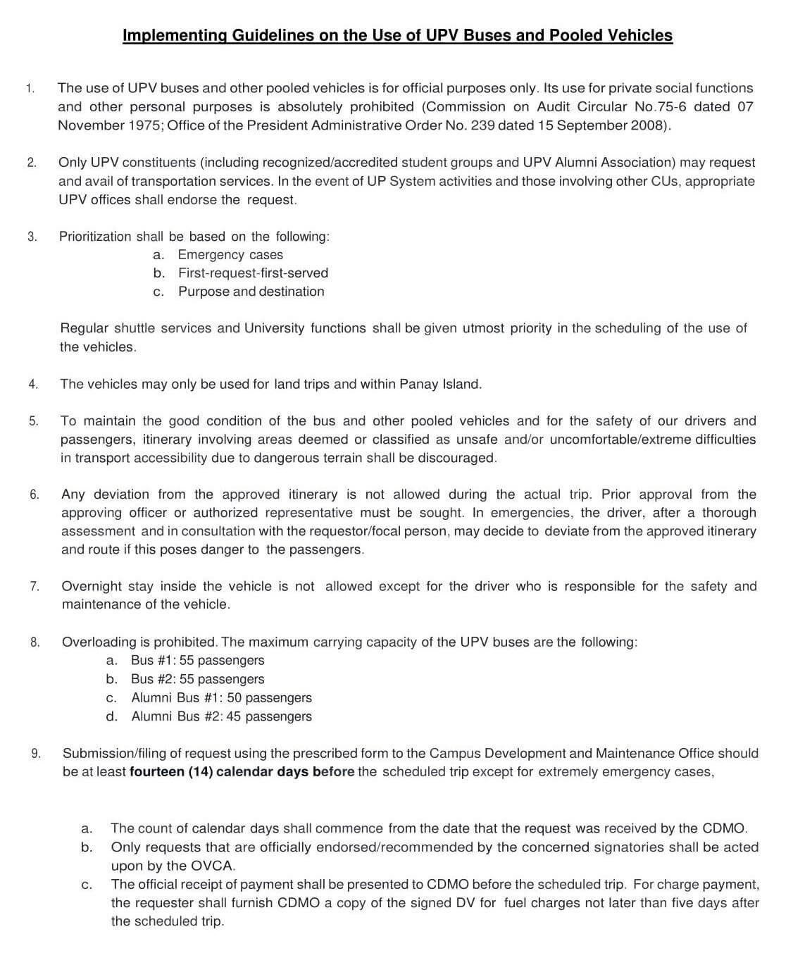 Implementing Guidelines on the Use of UPV Buses and Pooled Vehicles