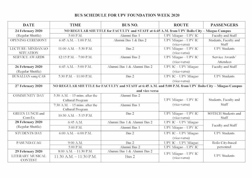 Bus Schedule For The UPV Foundation Week 2020