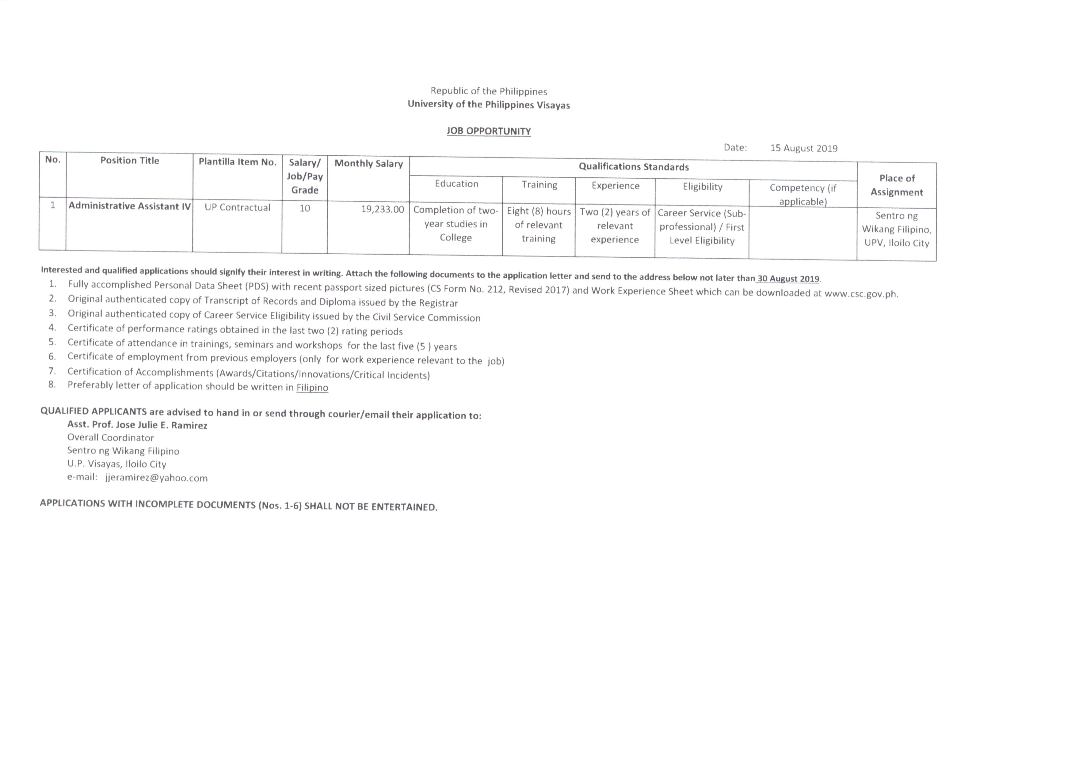 Administrative Assistant IV Administrative Assistant IV